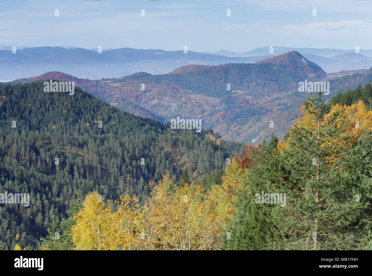 View of forest clad mountains and distant Bosnian peaks, Tara National ...