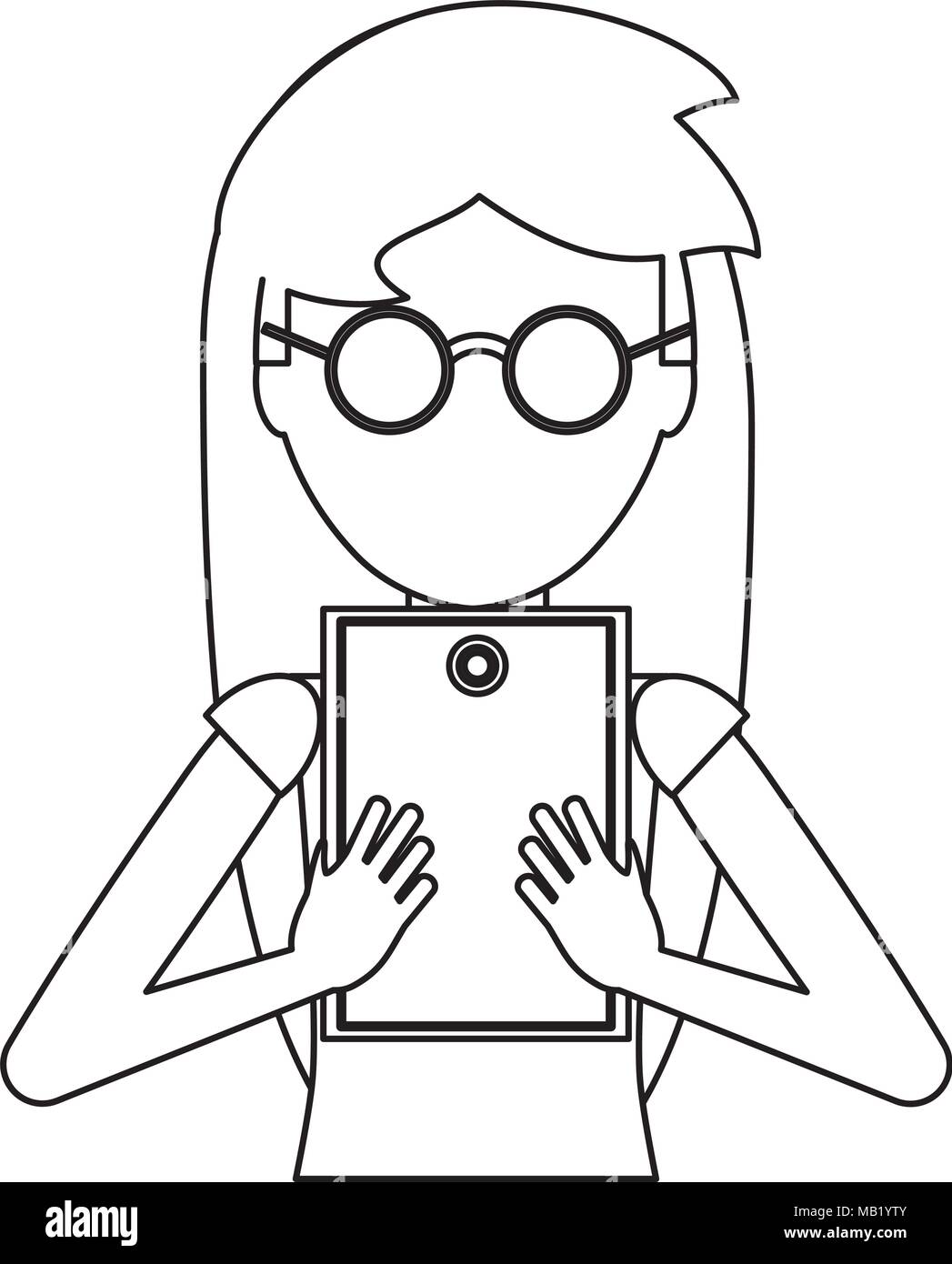 avatar woman with glasses and using a tablet over white background ...