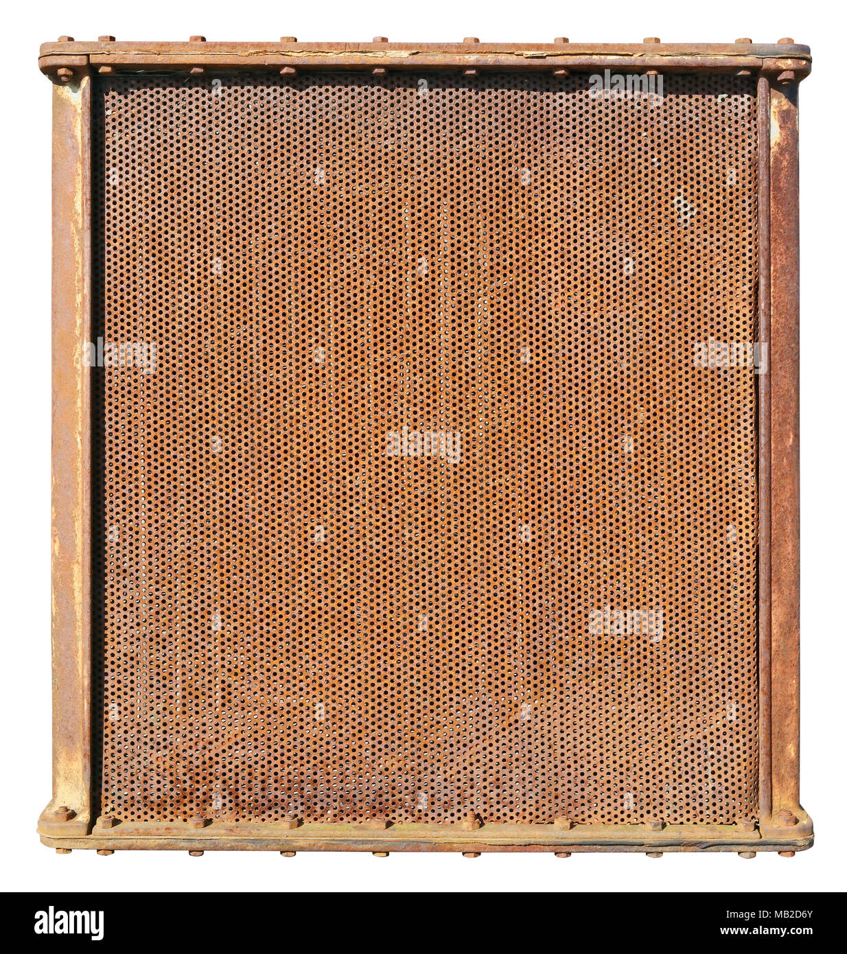 Rusty radiator of a vintage agricultural tractor with a thousand round ...