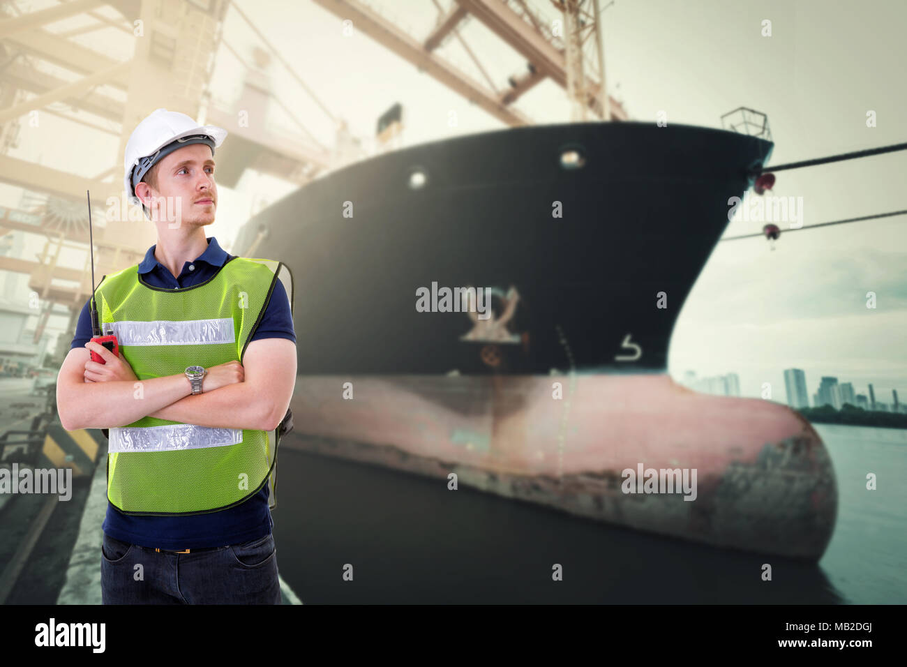 Foreman control loading Containers box from Cargo freight ship for ...