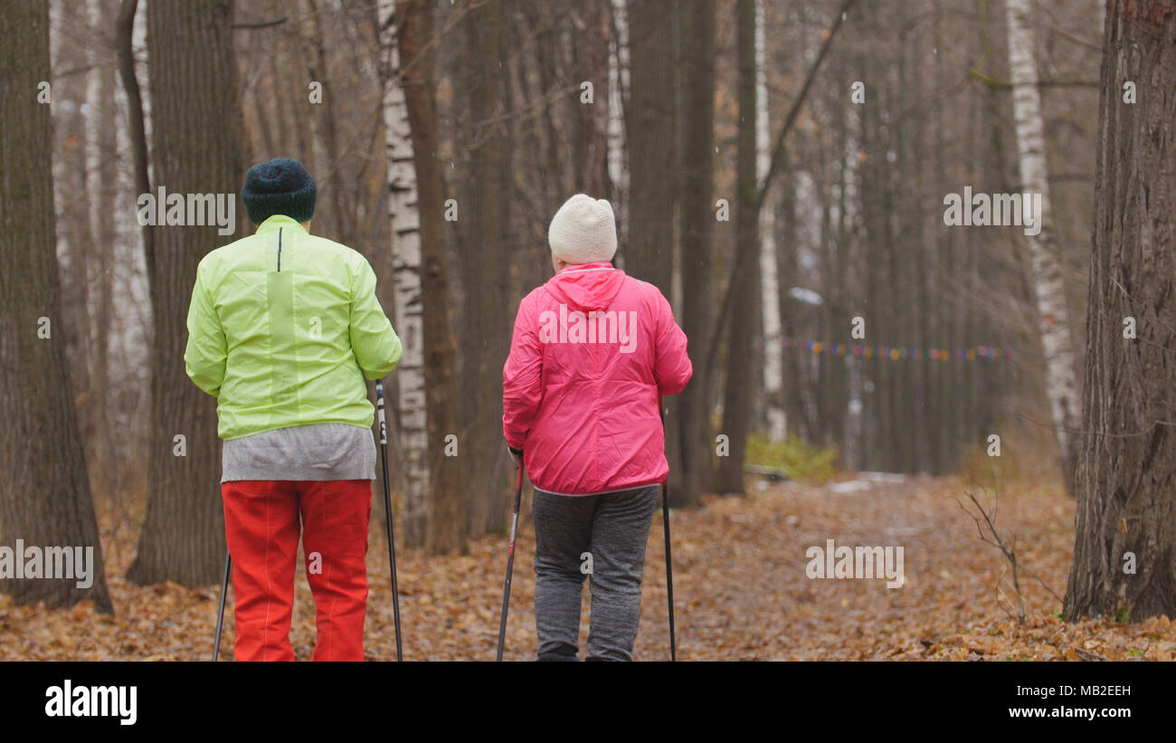 Nordic walking for elderly women outdoor - two senior ladies have ...
