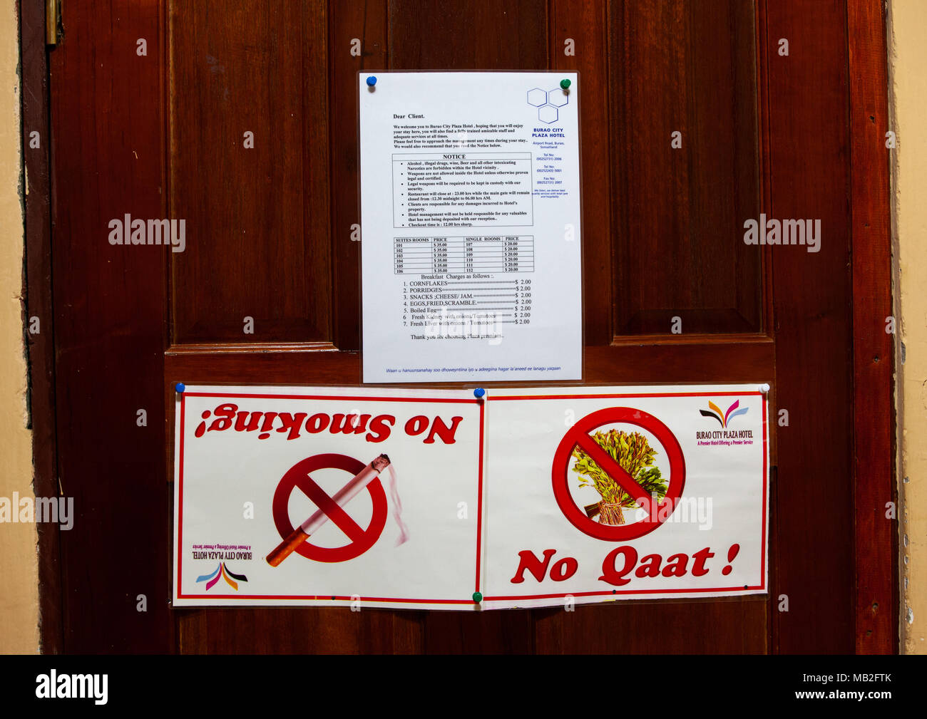 No smoking and khat prohibition signs in a room of plaza hotel ...