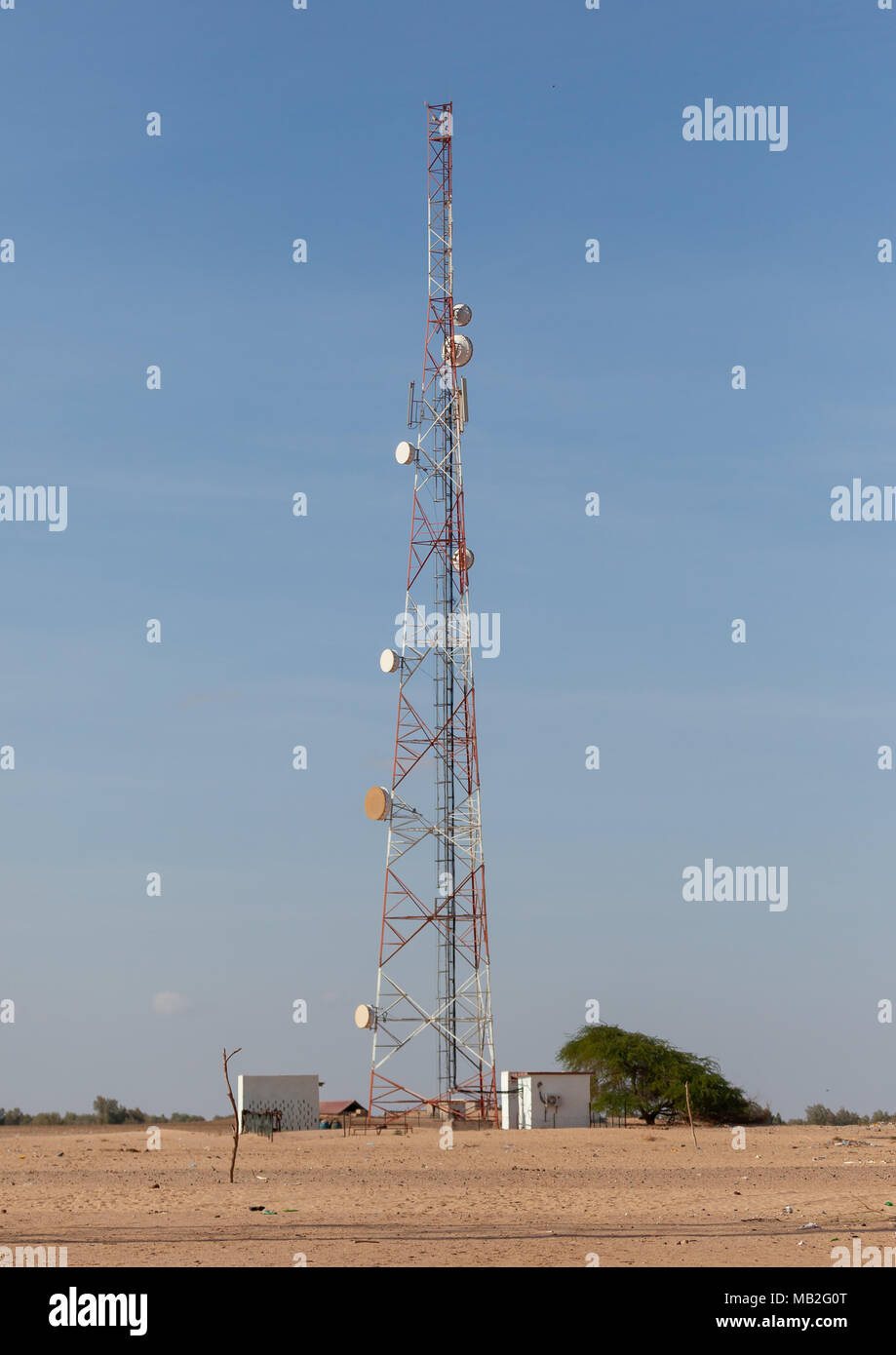 Mobile phone antenna in the desert, Awdal region, Zeila, Somaliland ...