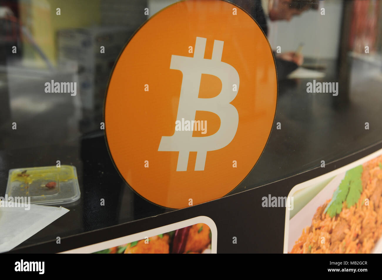 Bitcoin sign advertising a Bitcoin ATM machine in a Post office in ...