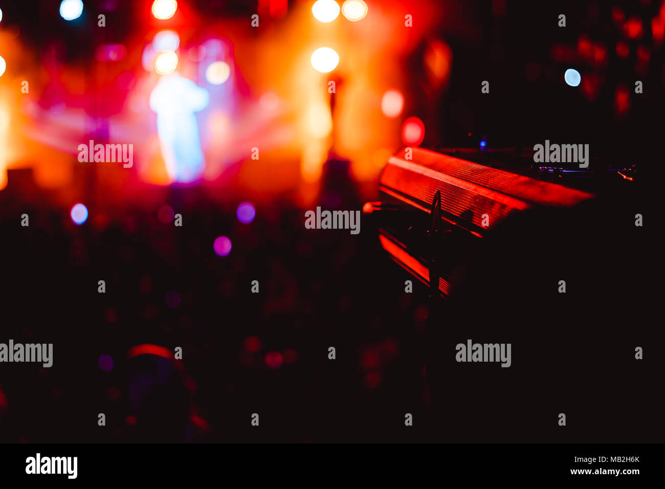 Stage lights on concert. Lighting equipment with multicolored beams ...