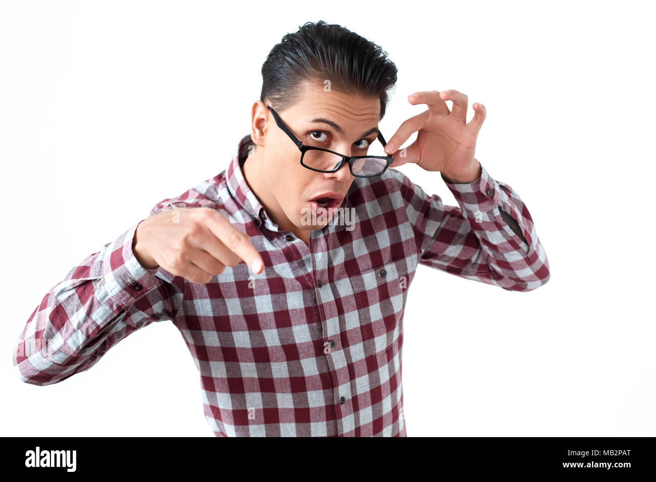 Now, look here! Man pointing finger and say at camera. Funny emotions ...