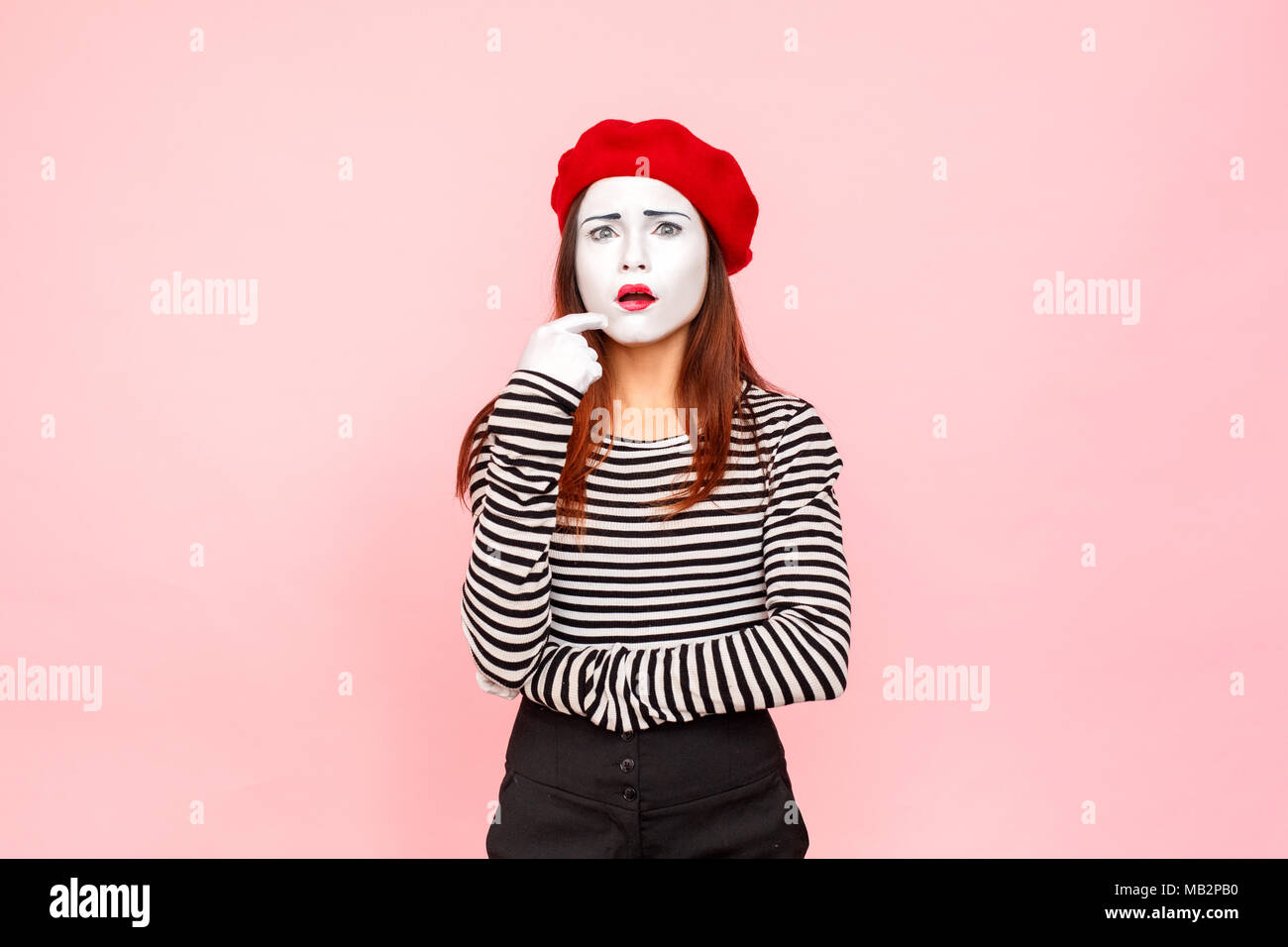 Pondering woman with quizzical grimace thinking. Clown, artist , mime ...