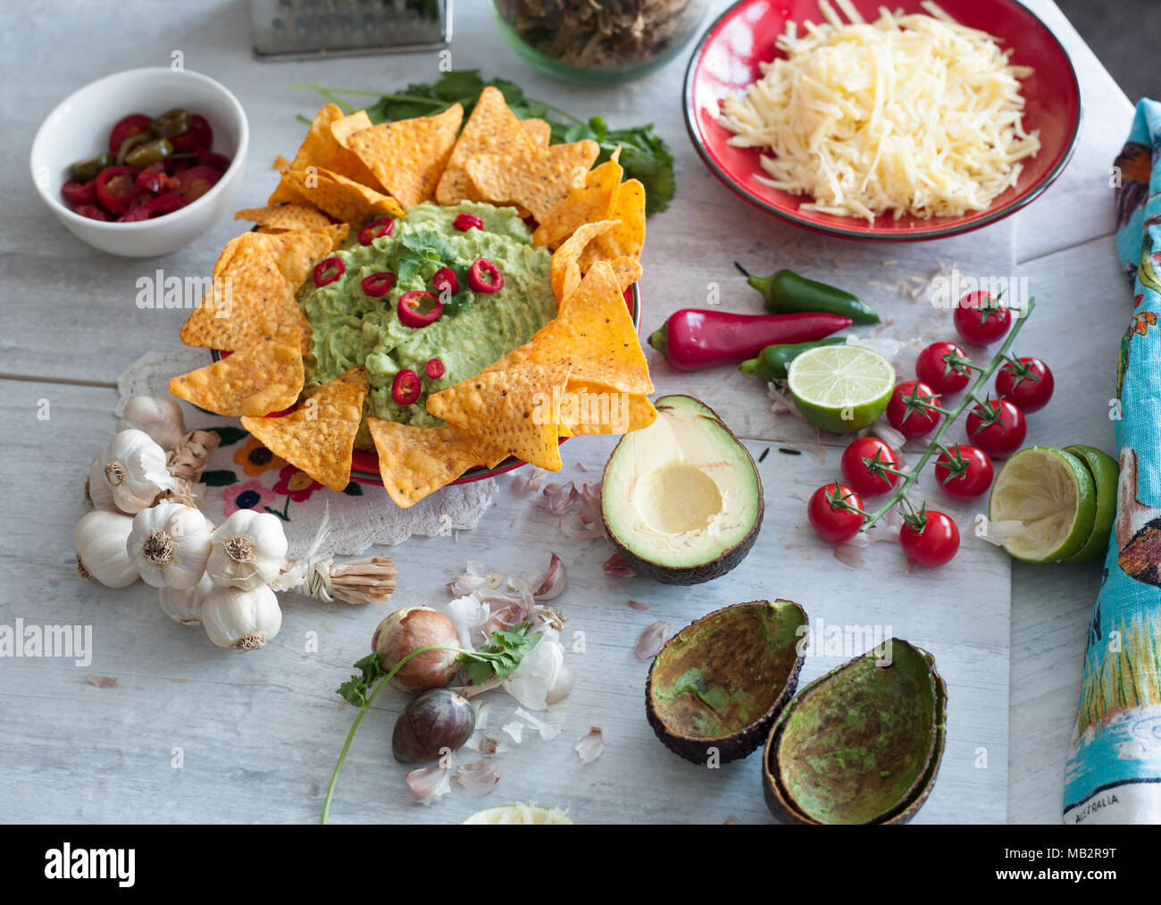 Guacamole, cheese and other ingredients you would find in Mexican food ...
