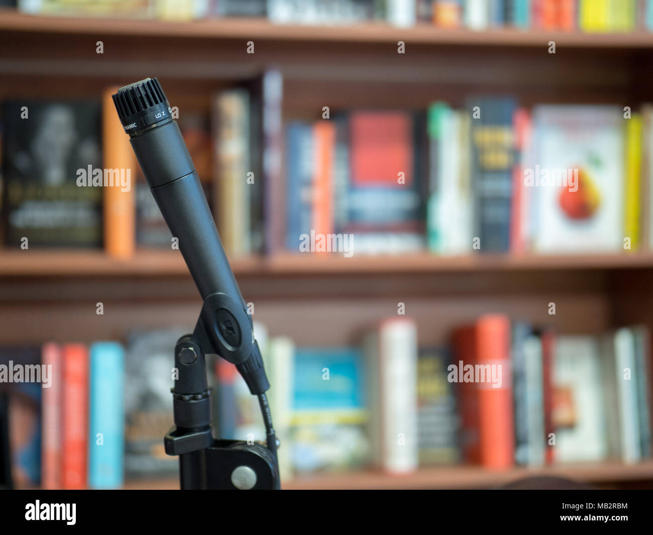 Microphone ready to present at a book store with space to the right ...