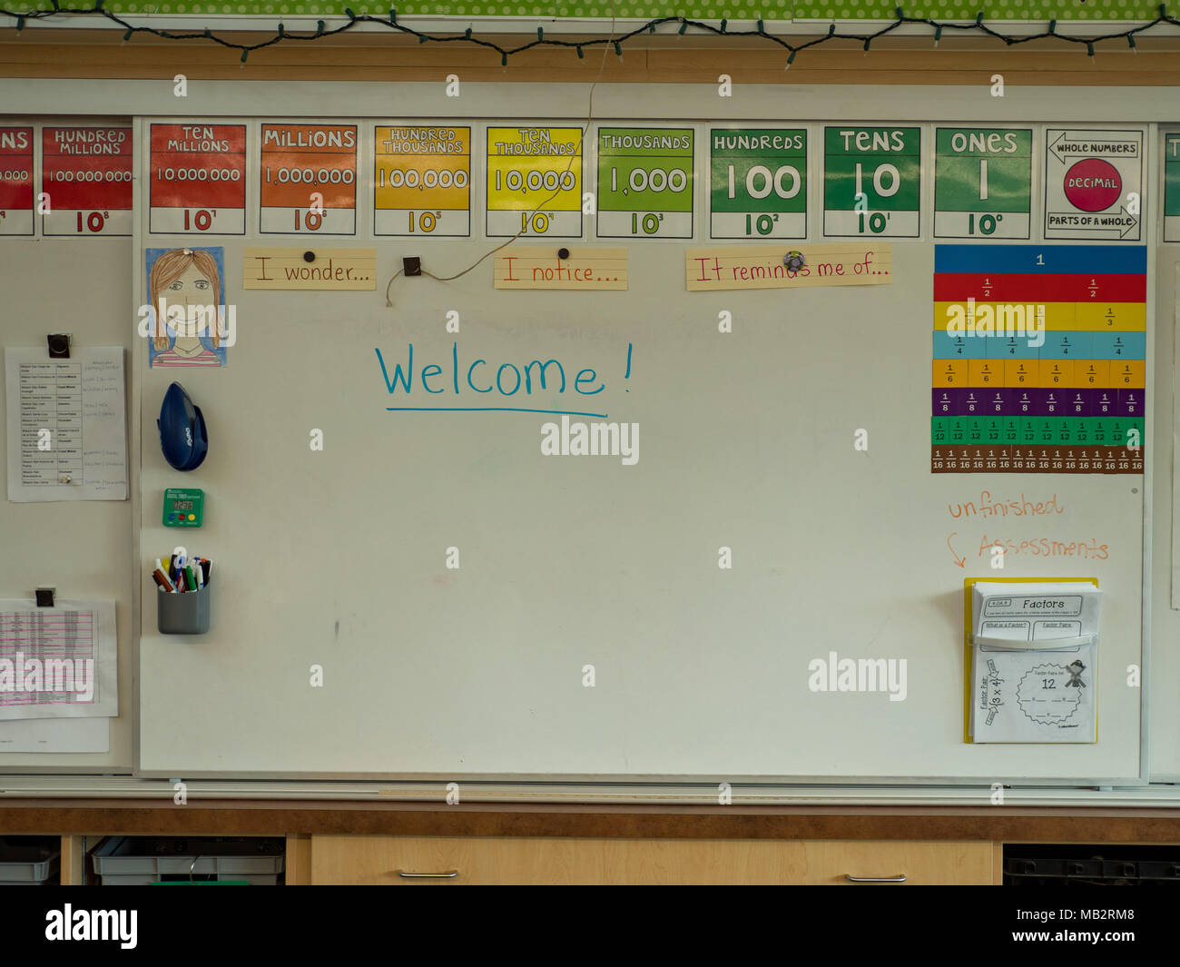 Grade school classroom white board with welcome written Stock Photo - Alamy