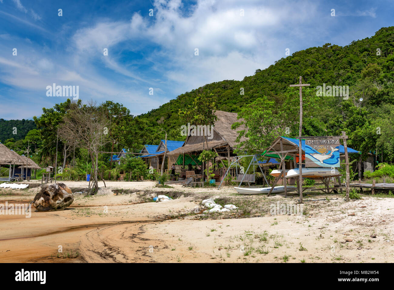 Tropical landscape of Koh Rong Samloem island with Blue dolphin Resort ...