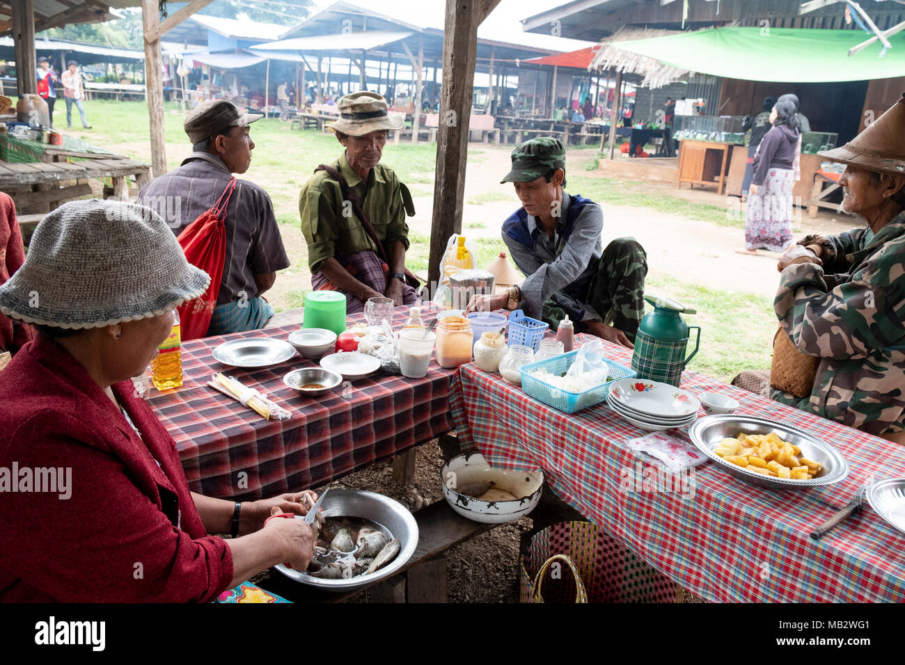Food stall at the Demoso market in Kayah State, Myanmar Stock Photo - Alamy