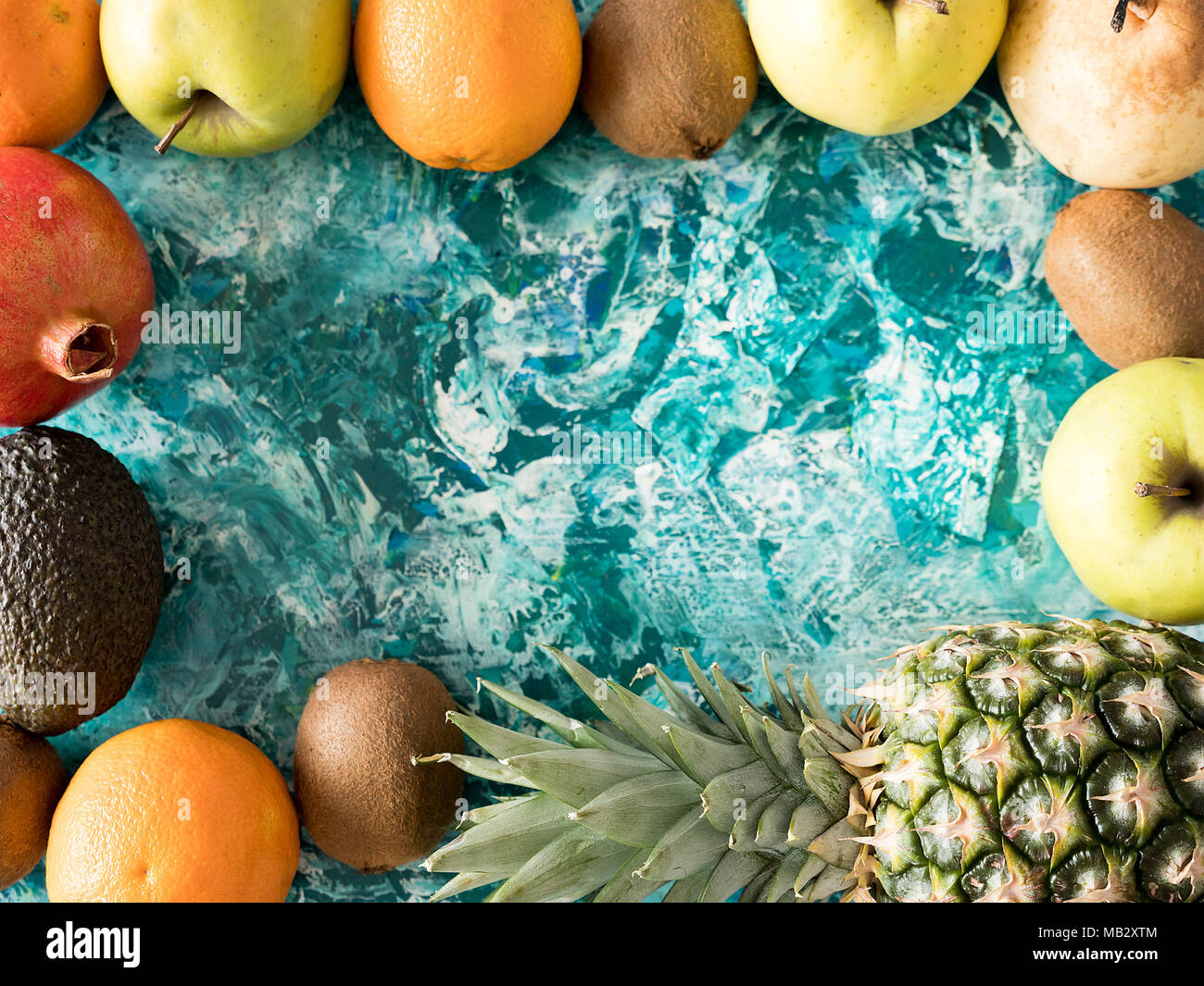 Top view of fruits on wooden background Stock Photo - Alamy