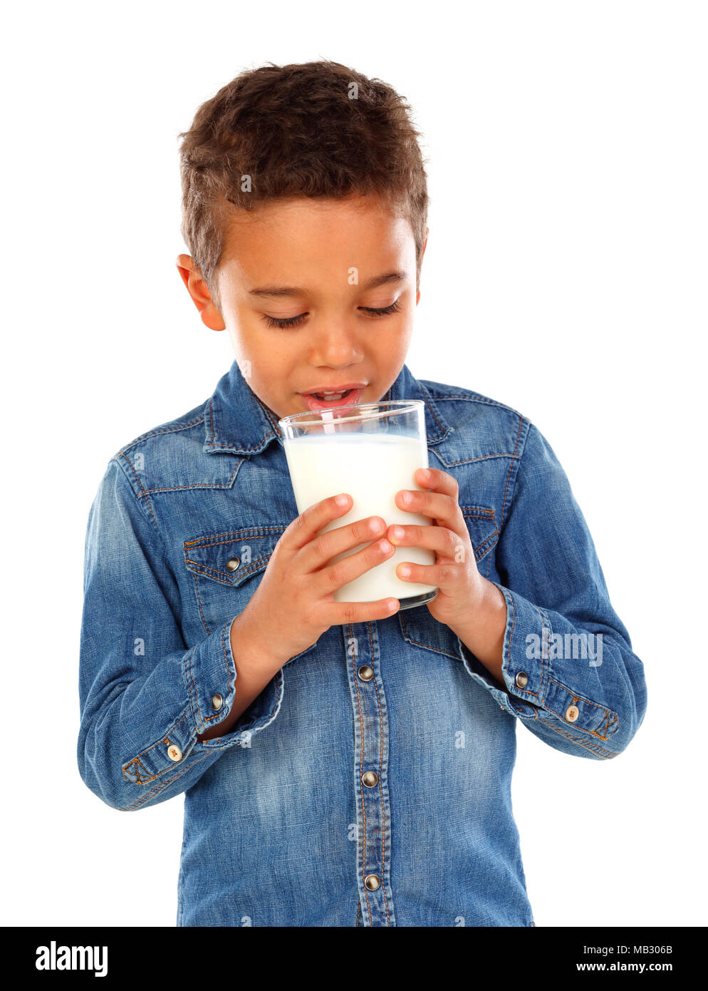 Adorable child drinking milk isolated on a white background Stock Photo ...