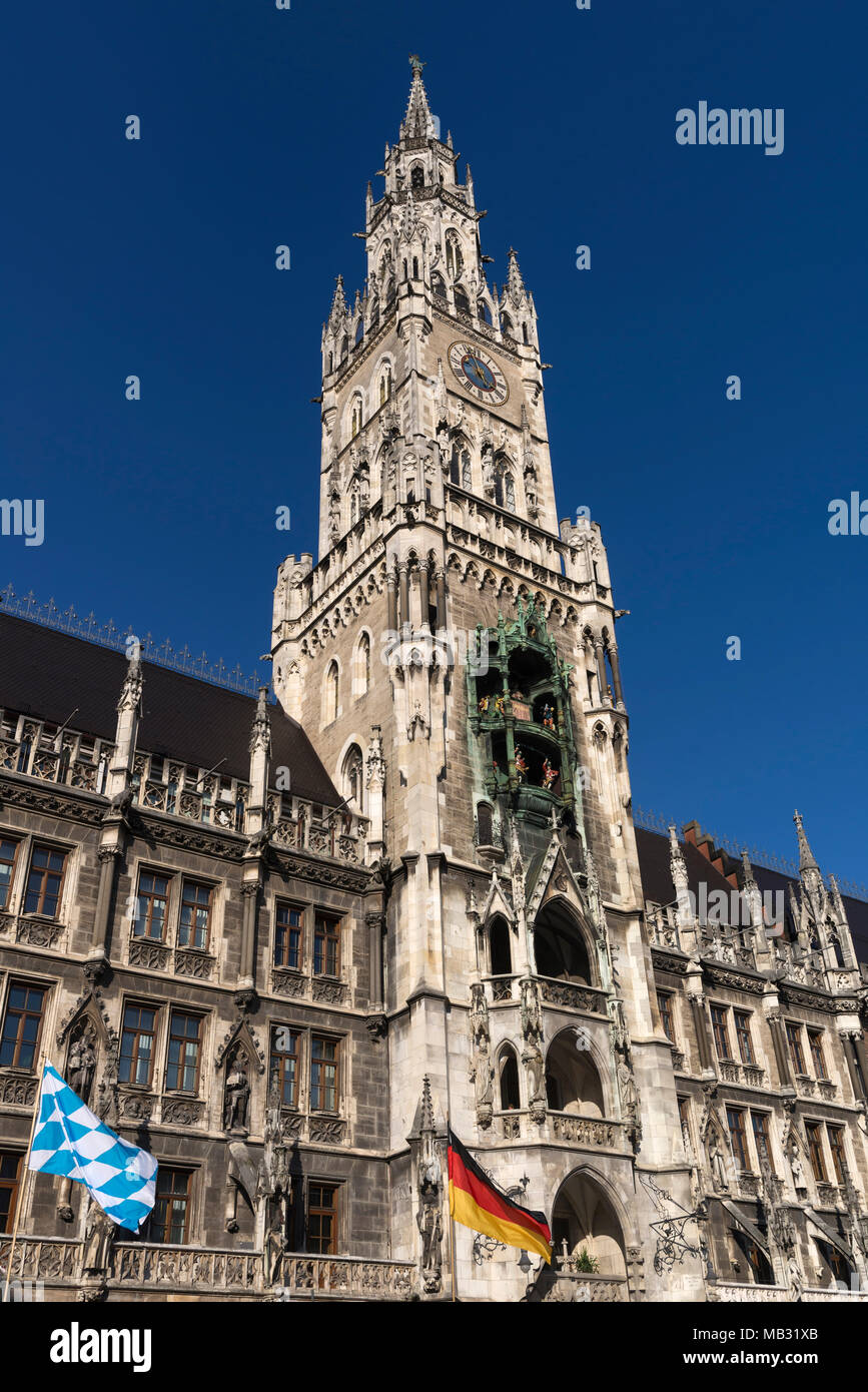 New town hall with Bavarian and German flags, neo-Gothic tower, 1909 ...