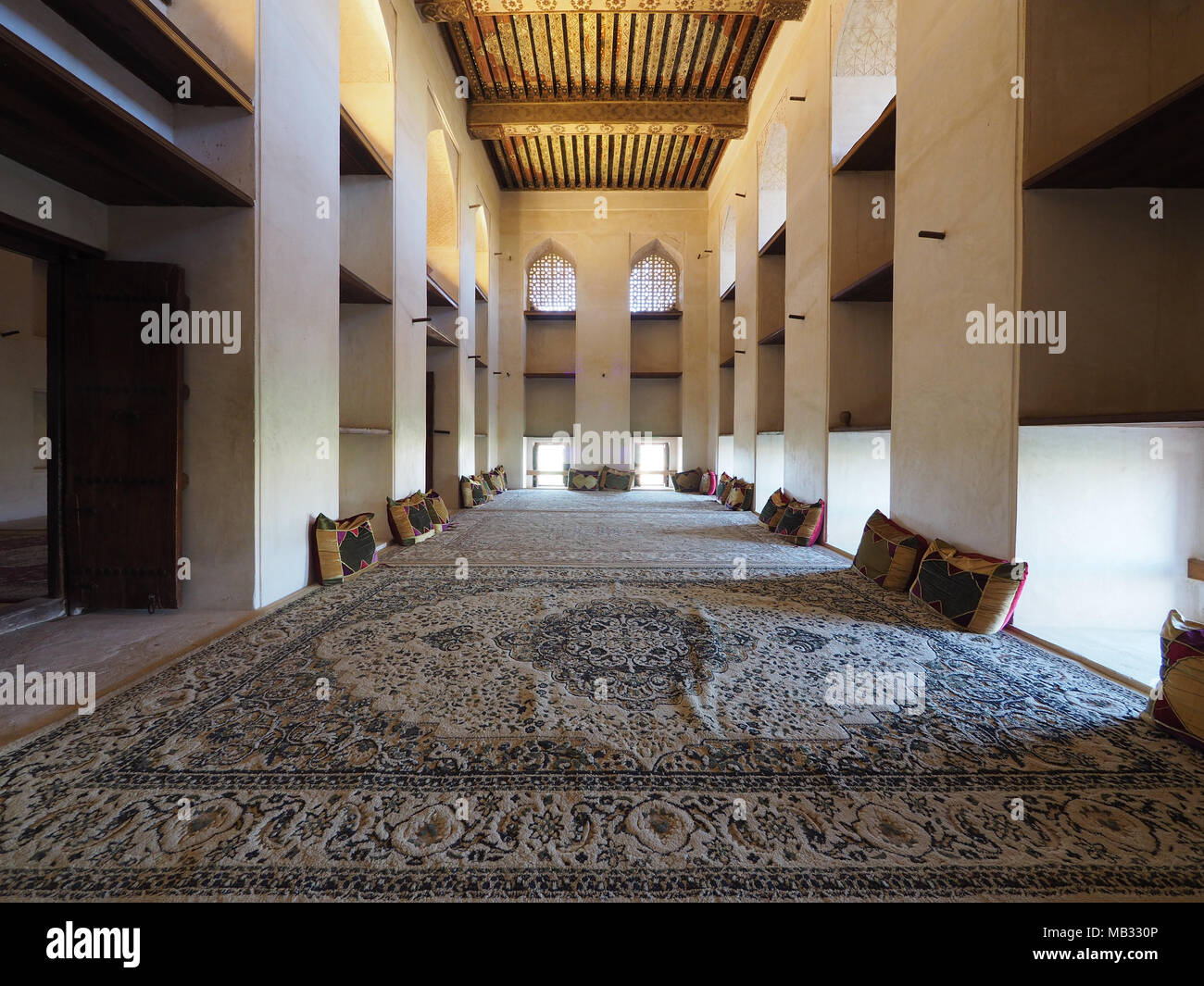 Interior with carpet, Jabrin Castle, Dakhliyah Region, Oman Stock Photo ...