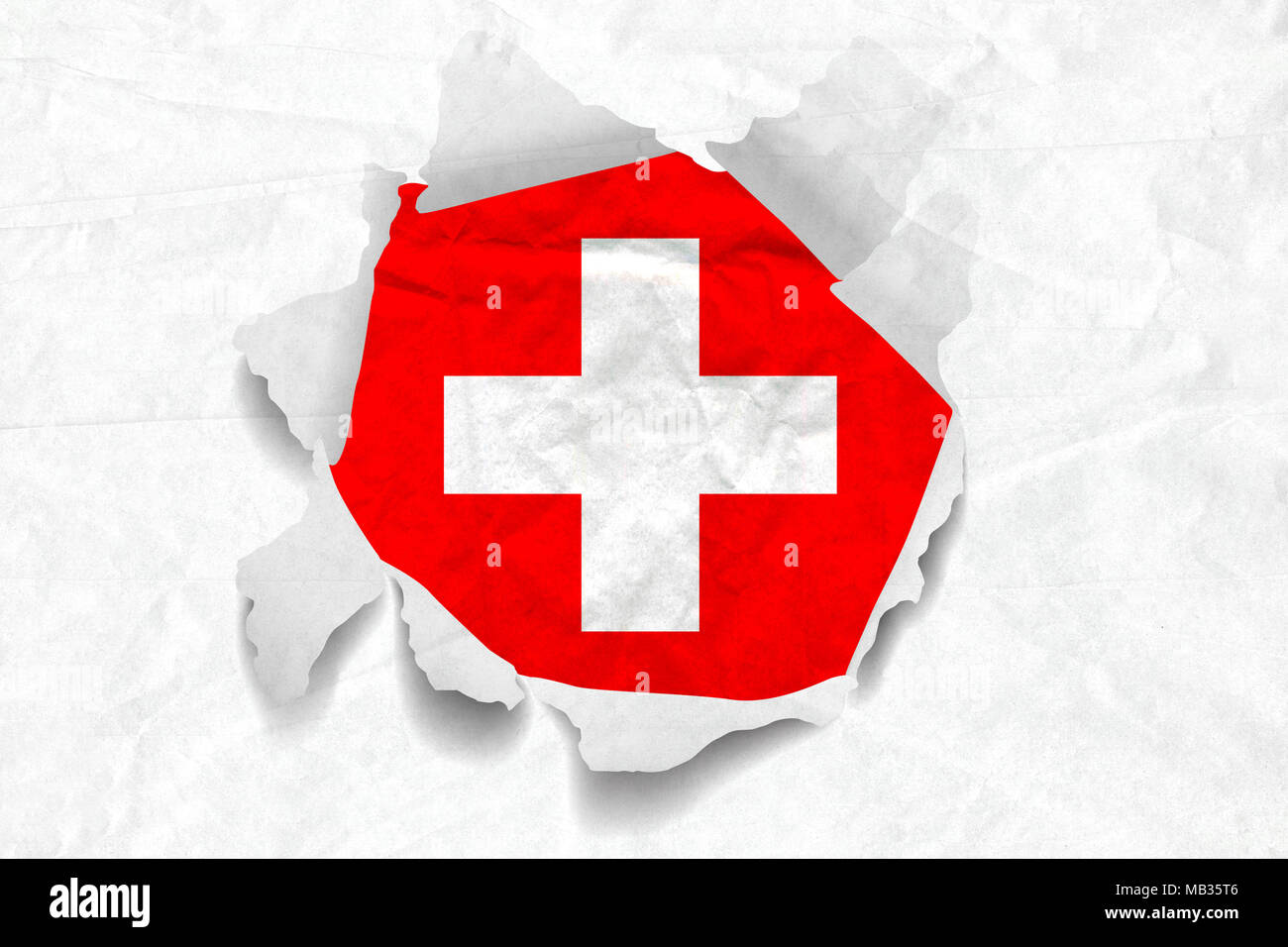 Realistic illustration of Swiss flag on torned, wrinkled, dirty, grunge ...