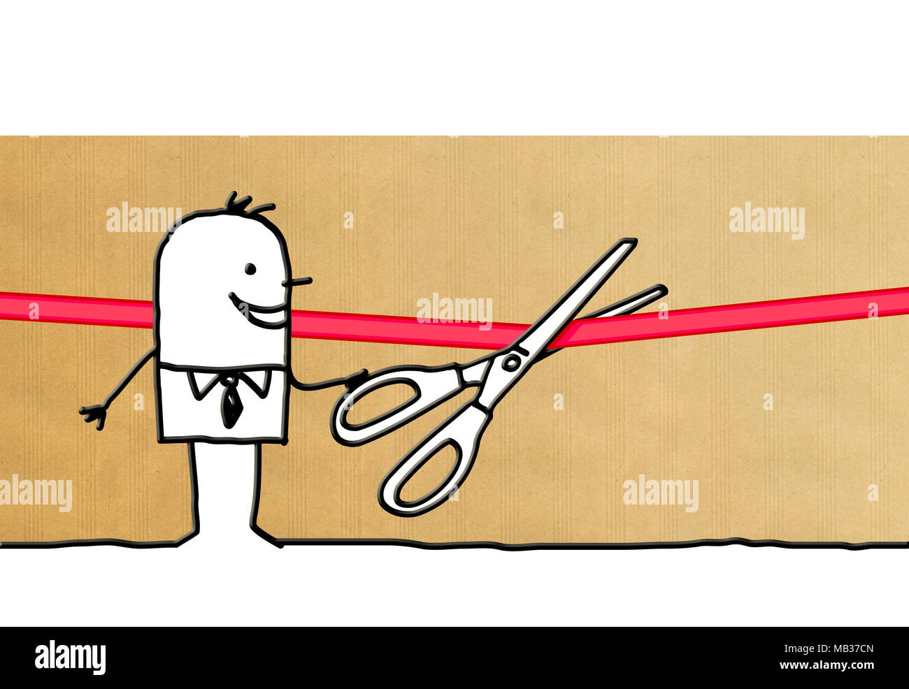 Cartoon man cutting a red ribbon with scissors Stock Photo - Alamy
