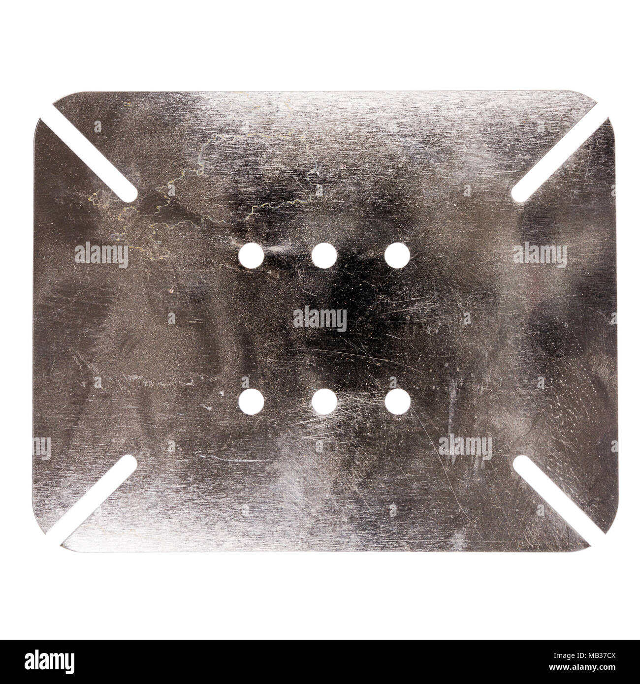 Scratched dirty metal plate with holes isolated on white background ...
