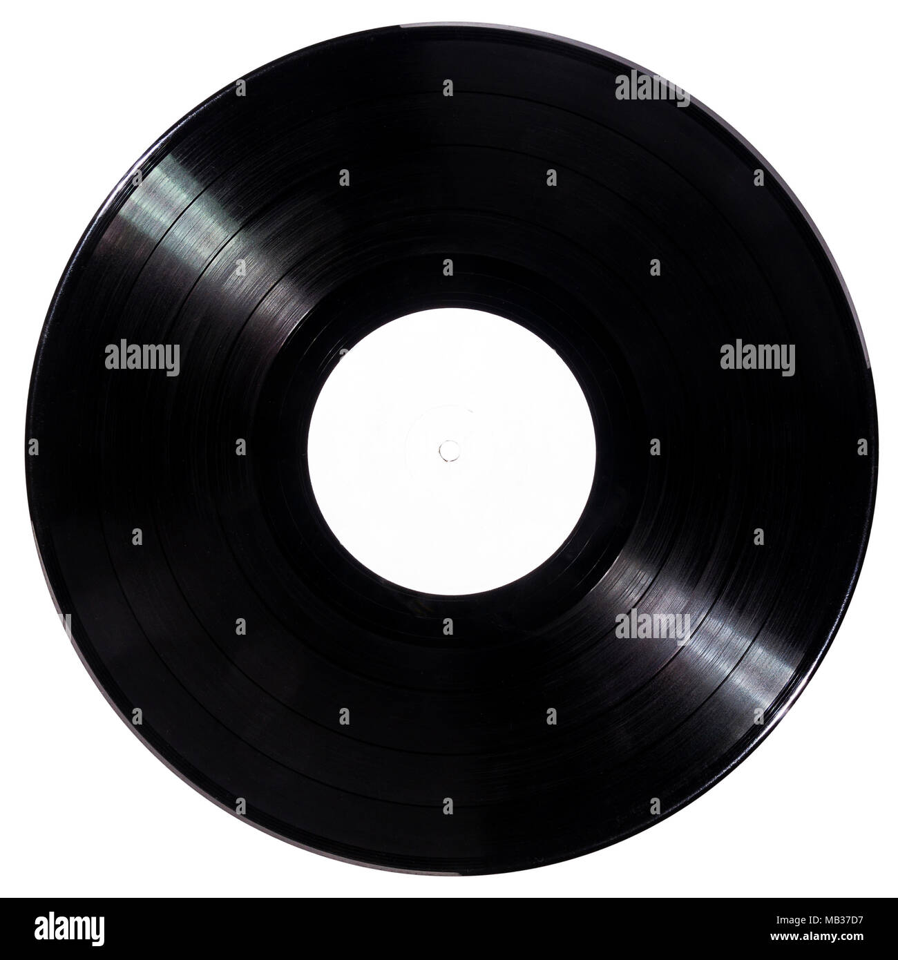 Black vinyl record disc with white paper label isolated on white ...