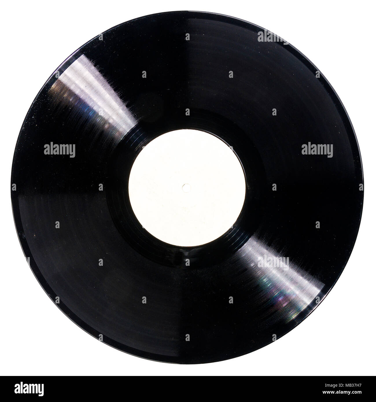 Black dusty vinyl record disc with white paper label isolated on white ...