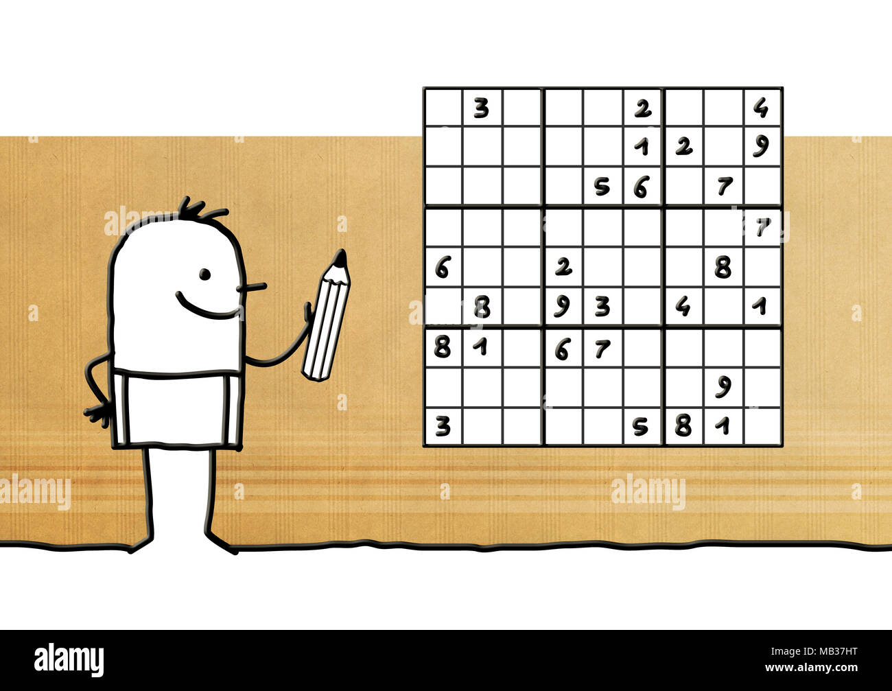 Cartoon man playing with sudoku game Stock Photo - Alamy