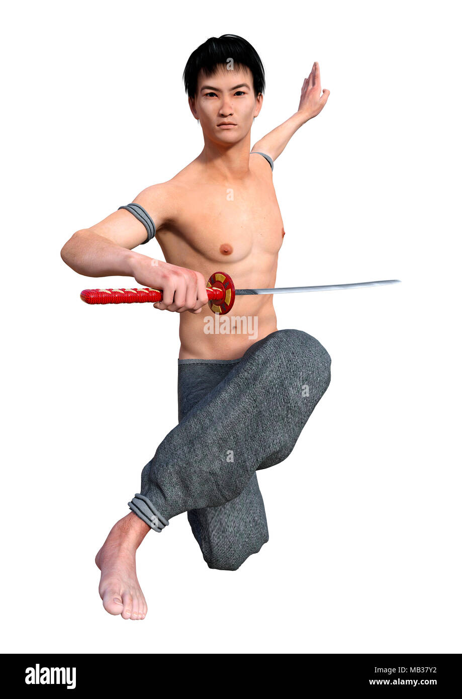 3D rendering of a fighting monk holding a sword isolated on white ...
