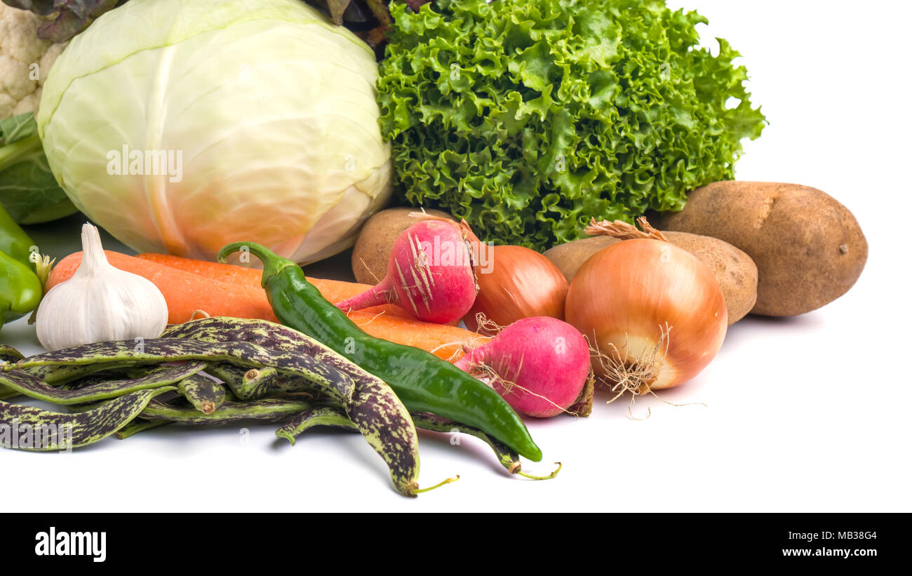 Close up of various colorful raw vegetables on white background Stock ...