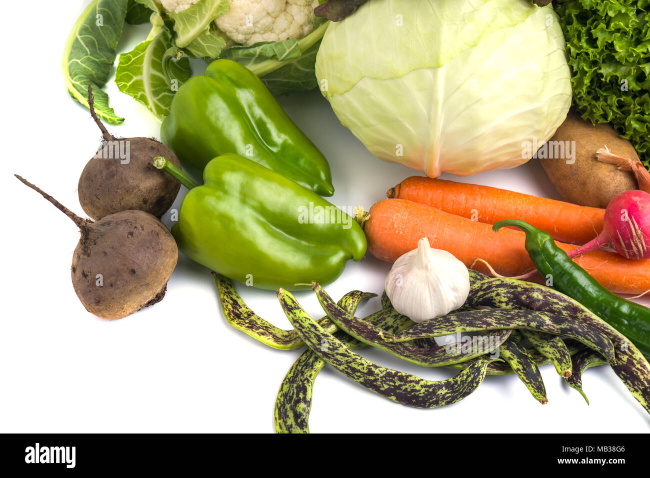 Close up of various colorful raw vegetables on white background Stock ...