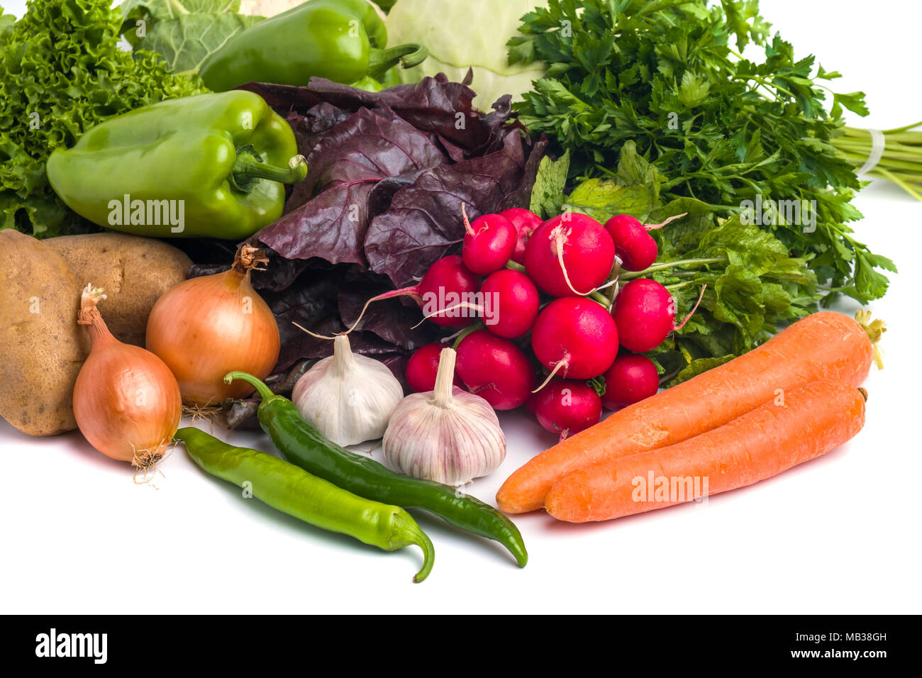 Close up of various colorful raw vegetables on white background Stock ...