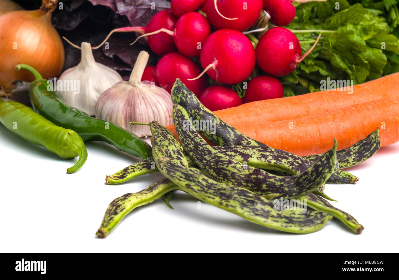 Close up of various colorful raw vegetables on white background Stock ...