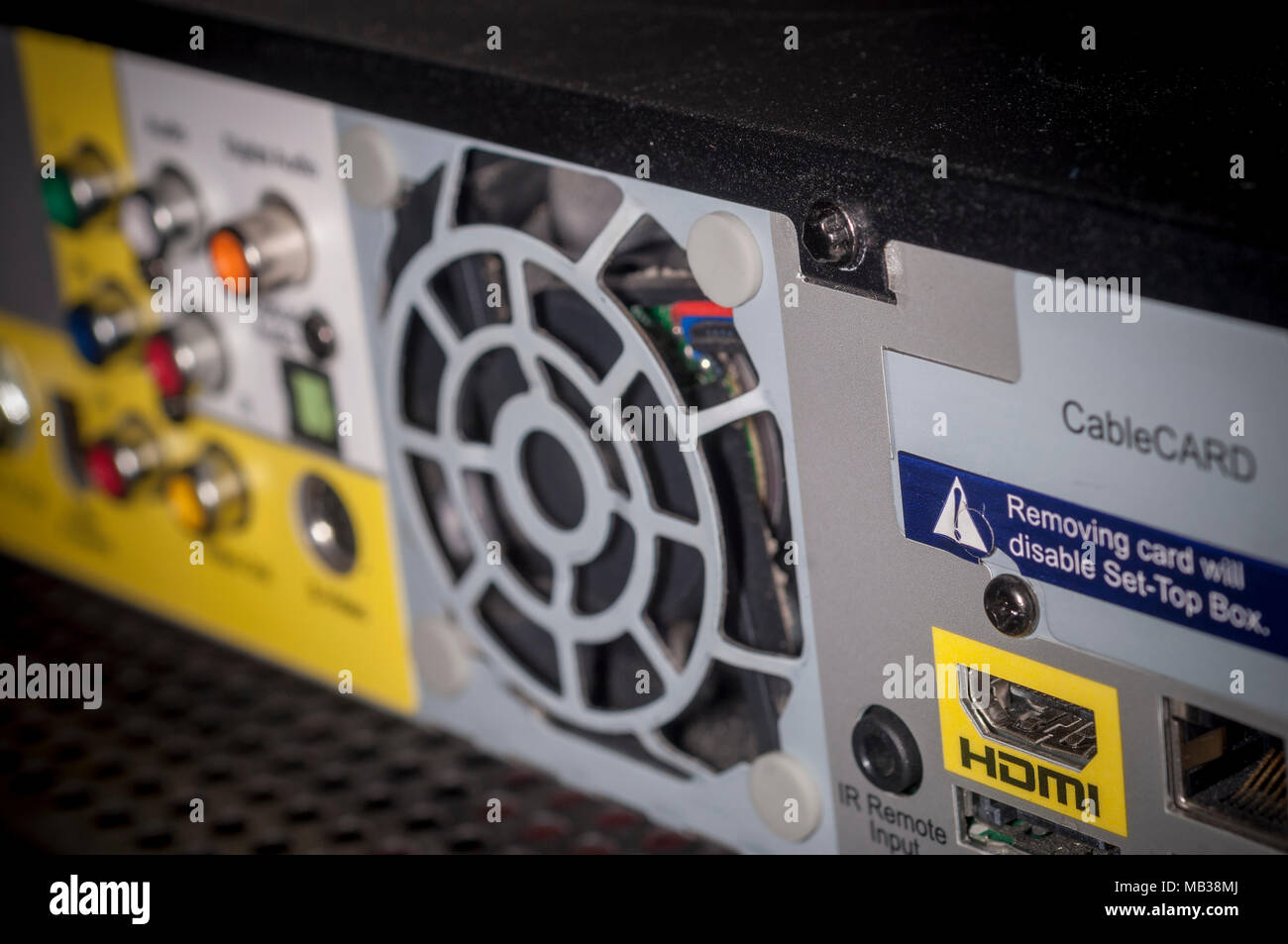 The rear of a Verizon Fios set top box, showing the various ports and ...