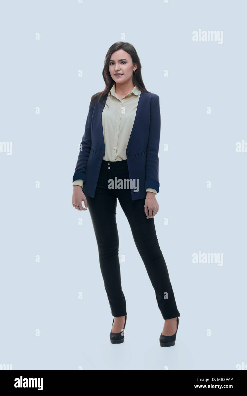 Woman stand and smile, isolated on white background Stock Photo - Alamy