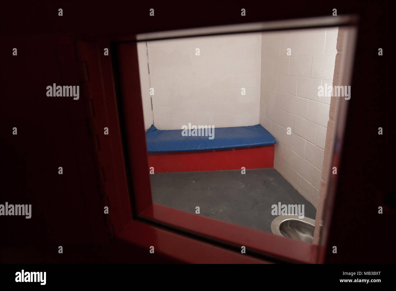 An empty temporary police detaining prison cell in the UK England ...