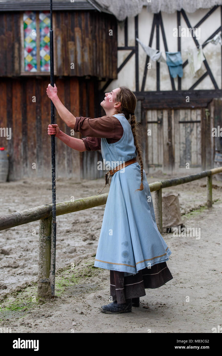 PROVINS, FRANCE - MARCH 31, 2018: Unidentified shepherdess during the ...