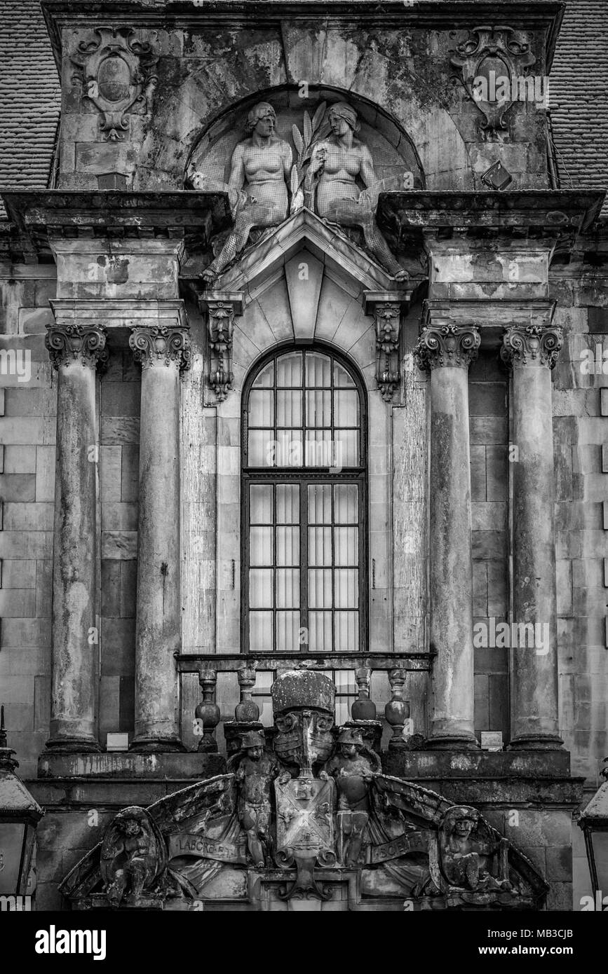 A Monochromatic image of an ornate town hall window in Clydebank ...