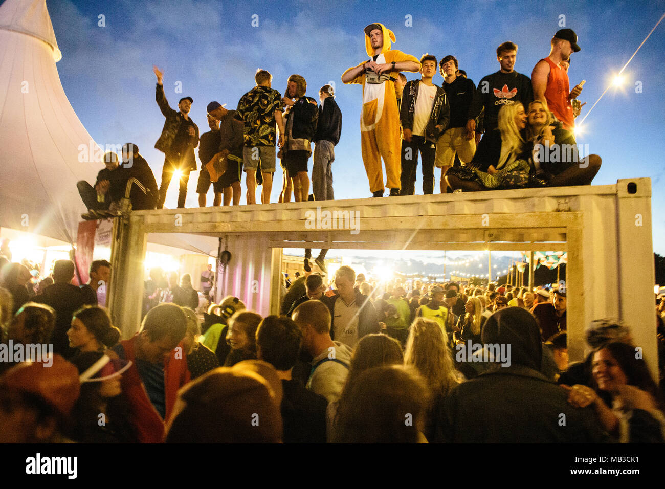 Party crowd dancing at the Danish music festival "Roskilde". Roskilde ...