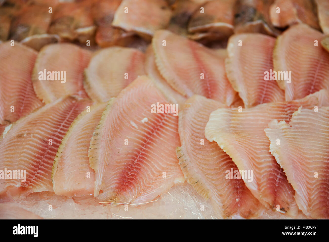 fresh fish fillet close up on display in fish department Stock Photo ...