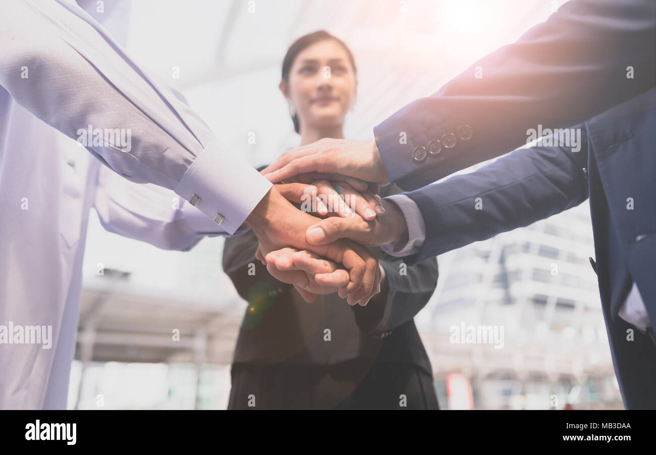 Stack hand. Business teamwork join hands support together and dedicated ...