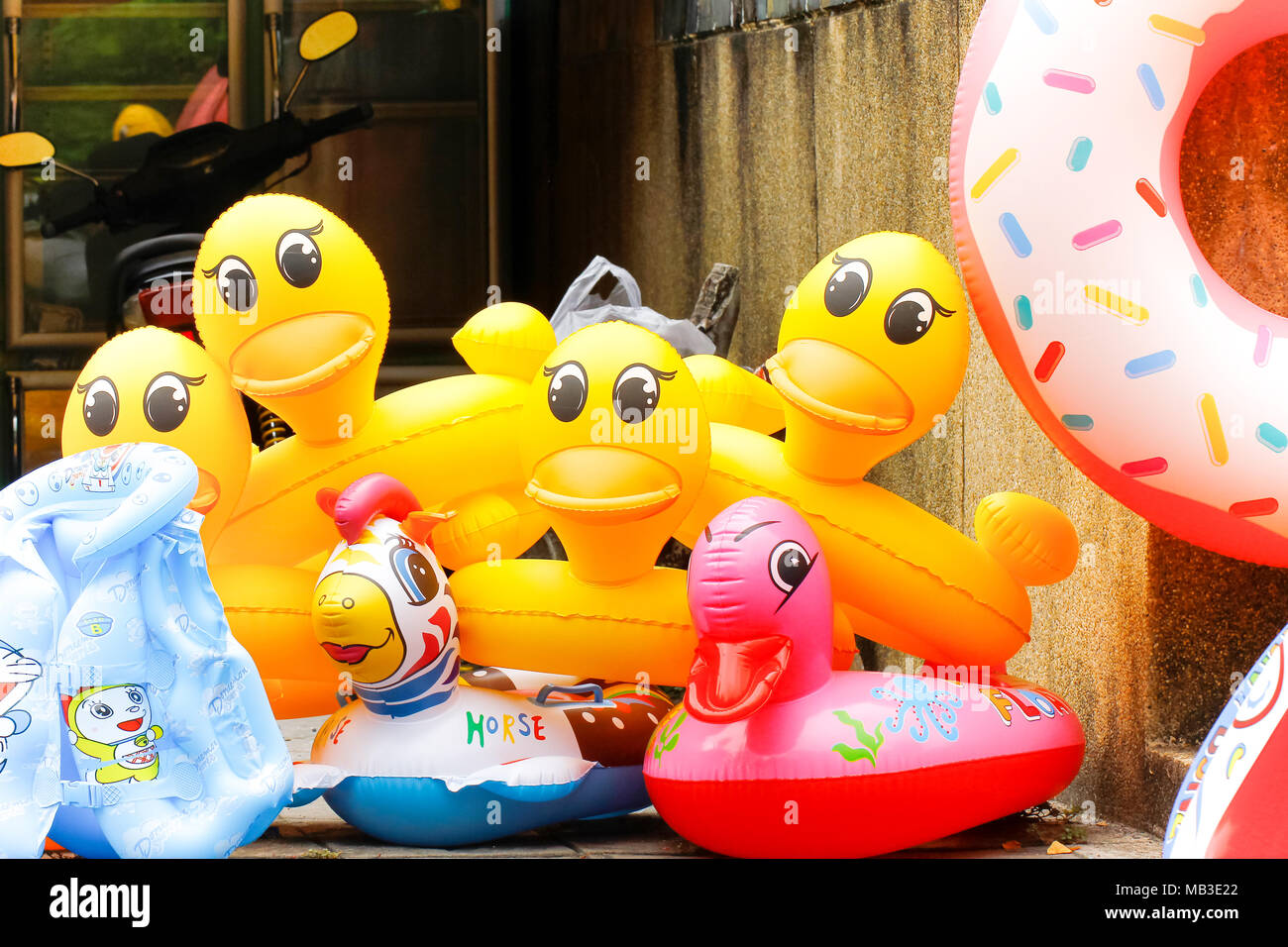 Nakhon Nayok, Thailand - March 31,2018 : Stack of colorful inflatable ...