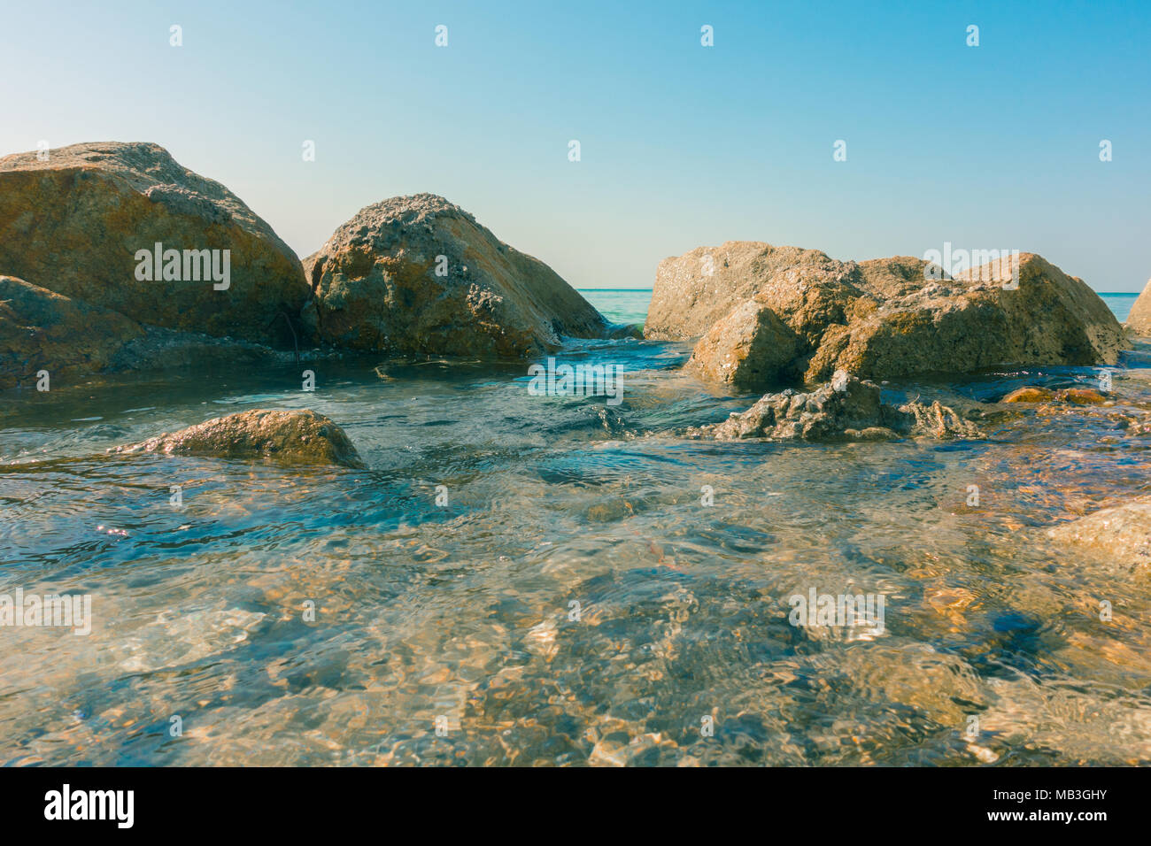 Calm Sea Ocean with rock stone And Blue Clear Sky Seascape Background ...