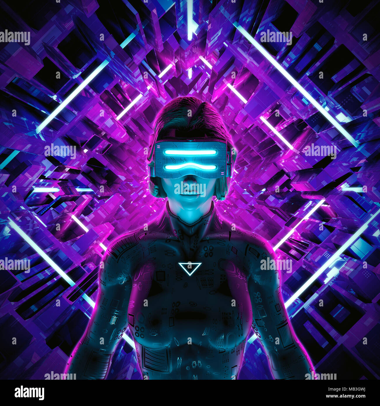 Virtual gamer woman / 3D illustration of female figure entering glowing ...