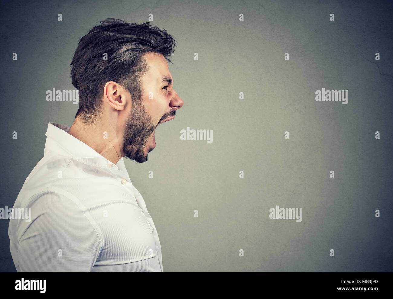 Side view of bearded man in rage shouting loudly with mouth opened on ...