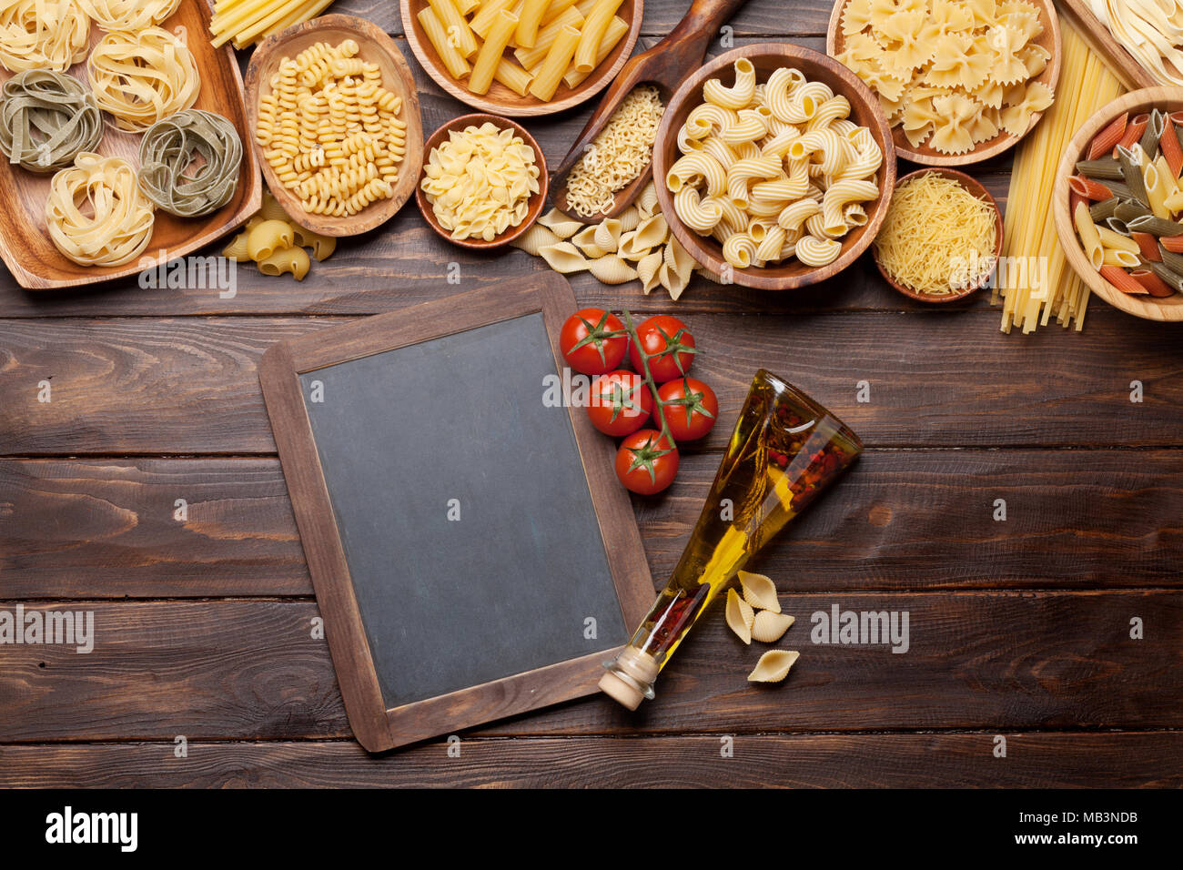Various pasta. Cooking concept. Top view with space for your recipe ...