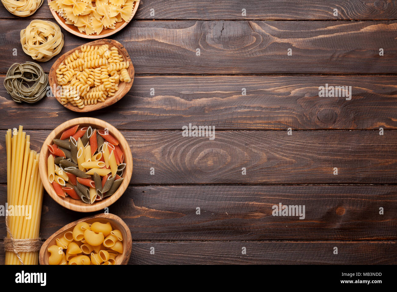 Various pasta. Cooking concept. Top view with space for your recipe ...