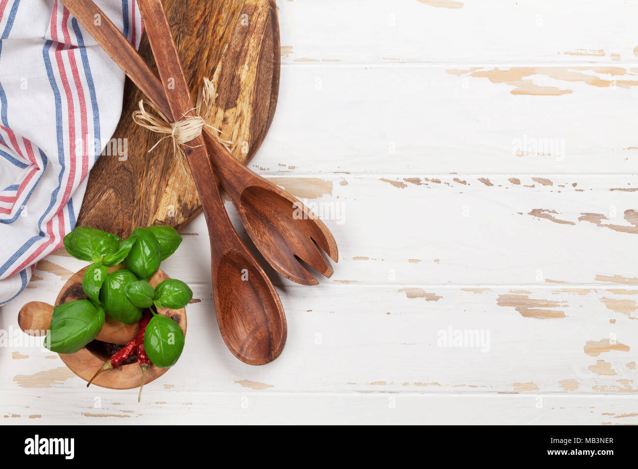 Cooking table with utensils and ingredients on white wood. Top view ...