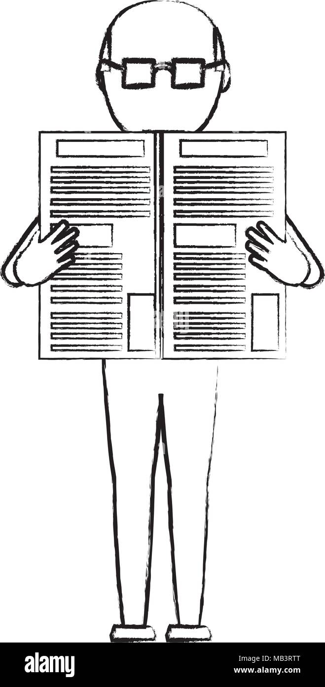 sketch of avatar old man standing and reading a newspaper over white ...