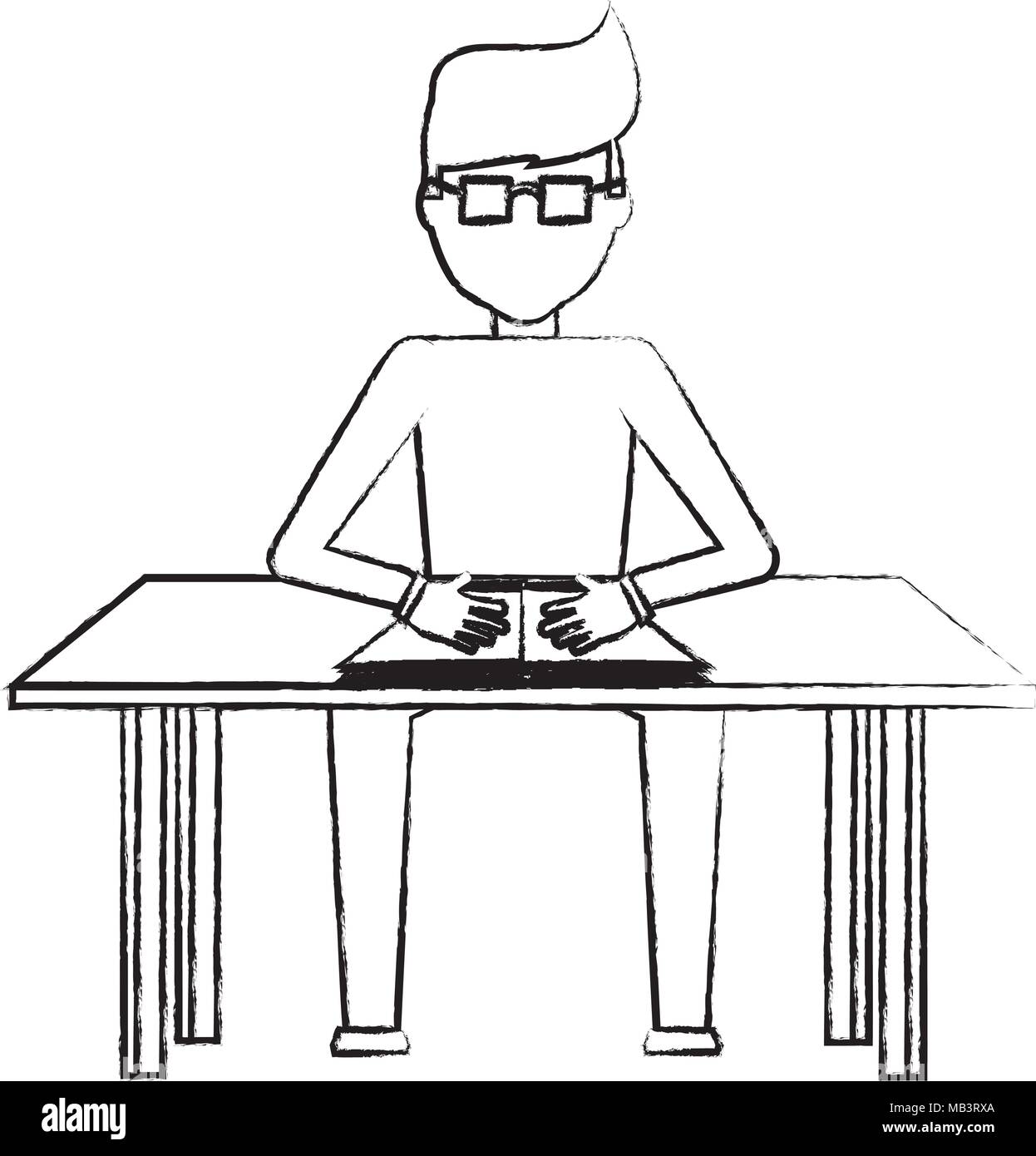 sketch of avatar man studying and sitting at desk over white background ...