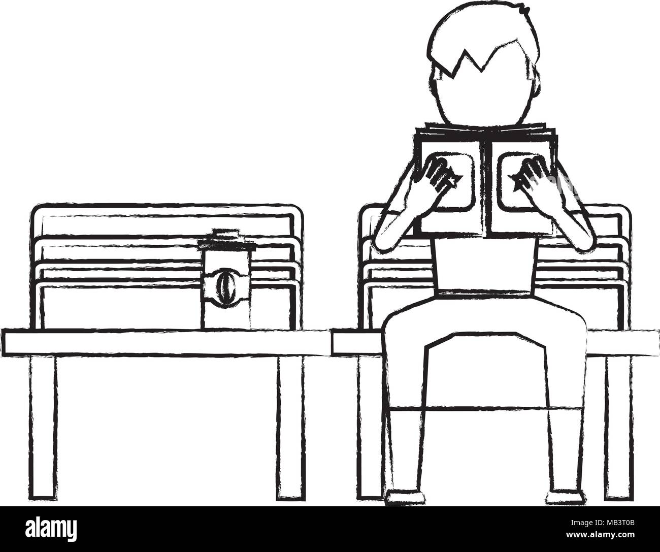 sketch of avatar man with a book and coffee drink sitting on a bench ...