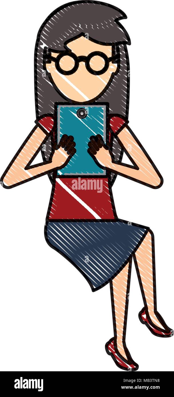 avatar woman sitting and using a tablet over white background, colorful ...